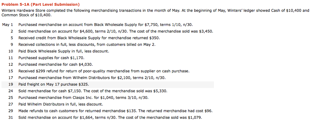 Solved Problem 5-1A (Part Level Submission) Winters Hardware | Chegg.com