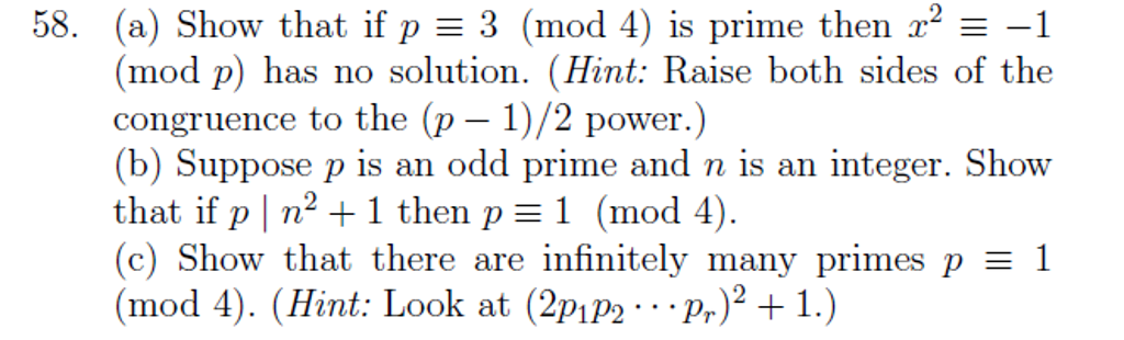Solved Show that if p = 3 (mod 4) is prime then x^2 = -1 | Chegg.com