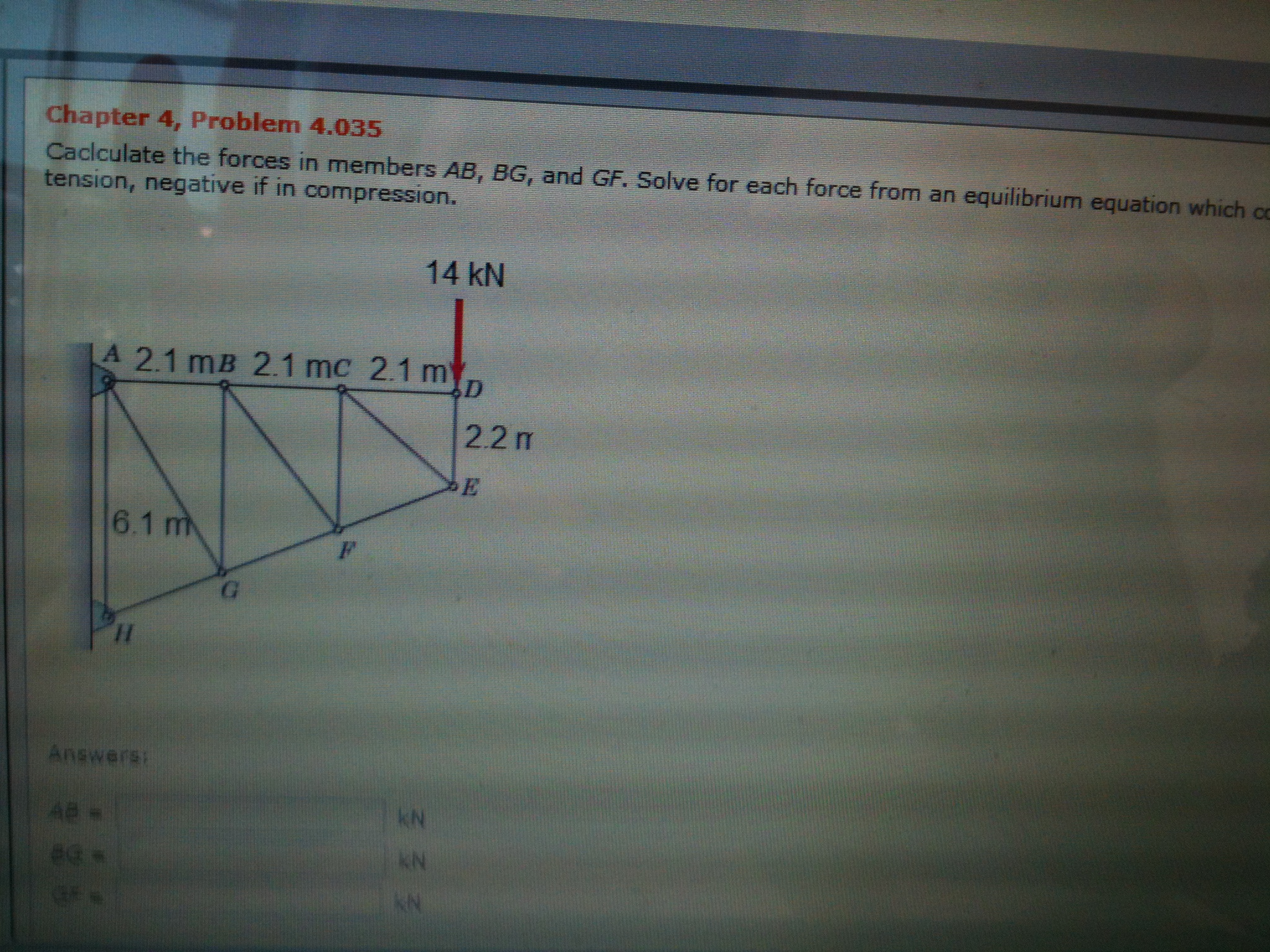 Calculate the force in the members AB, BG, GF. Solve | Chegg.com
