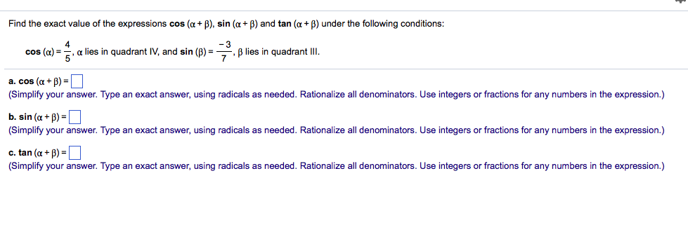 Solved Find the exact value of the expressions cos (alpha + | Chegg.com