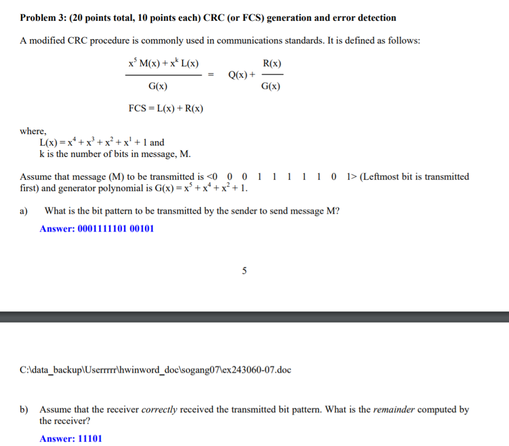 Problem 3: (20 points total, 10 points each) CRC (or | Chegg.com