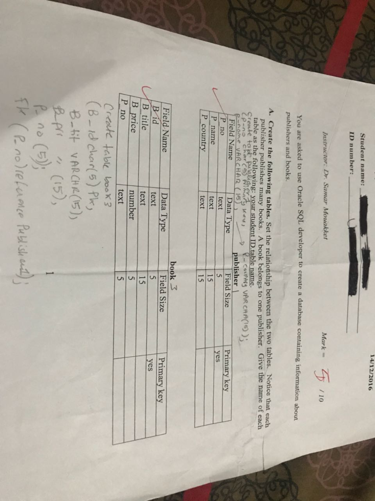 Solved 14/12/2016 Student name ID number: Instructor: Dr. | Chegg.com