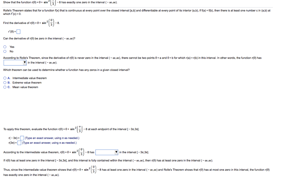 Solved Show that the fuction re)-+sin 8 has exactly one zero | Chegg.com