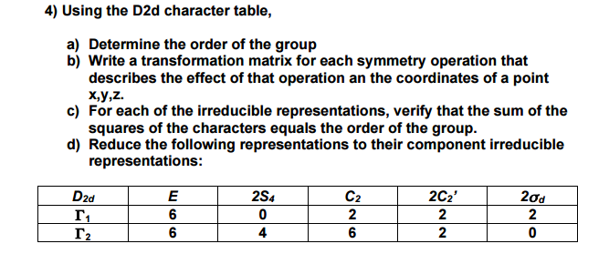 Solved Using the D2d character table, a) Determine the order | Chegg.com