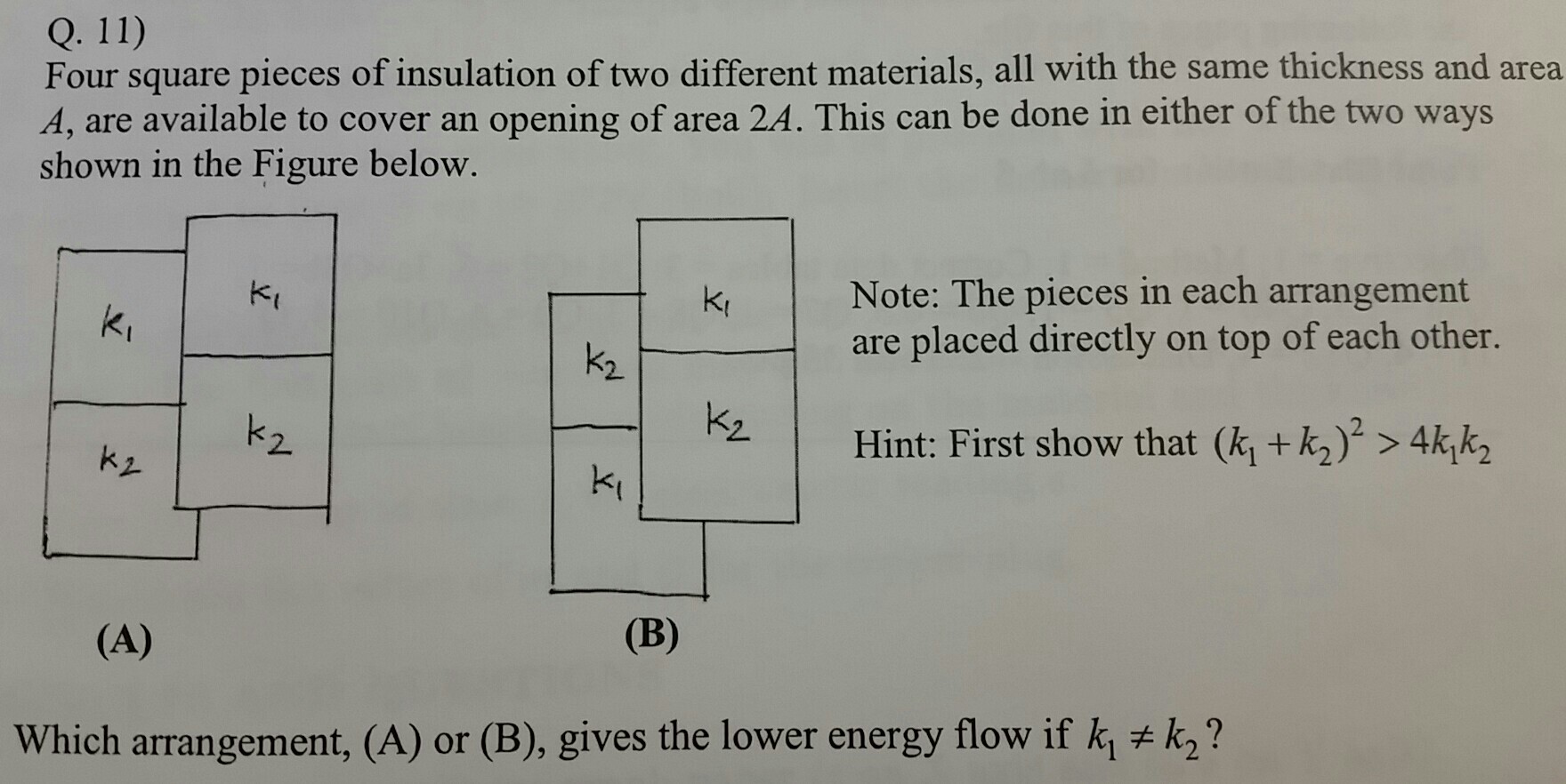 Solved Q. 11) Four square pieces of insulation of two | Chegg.com