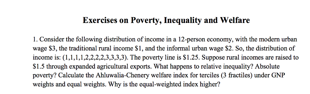 Solved Exercises on Poverty, Inequality and Welfare 1. | Chegg.com