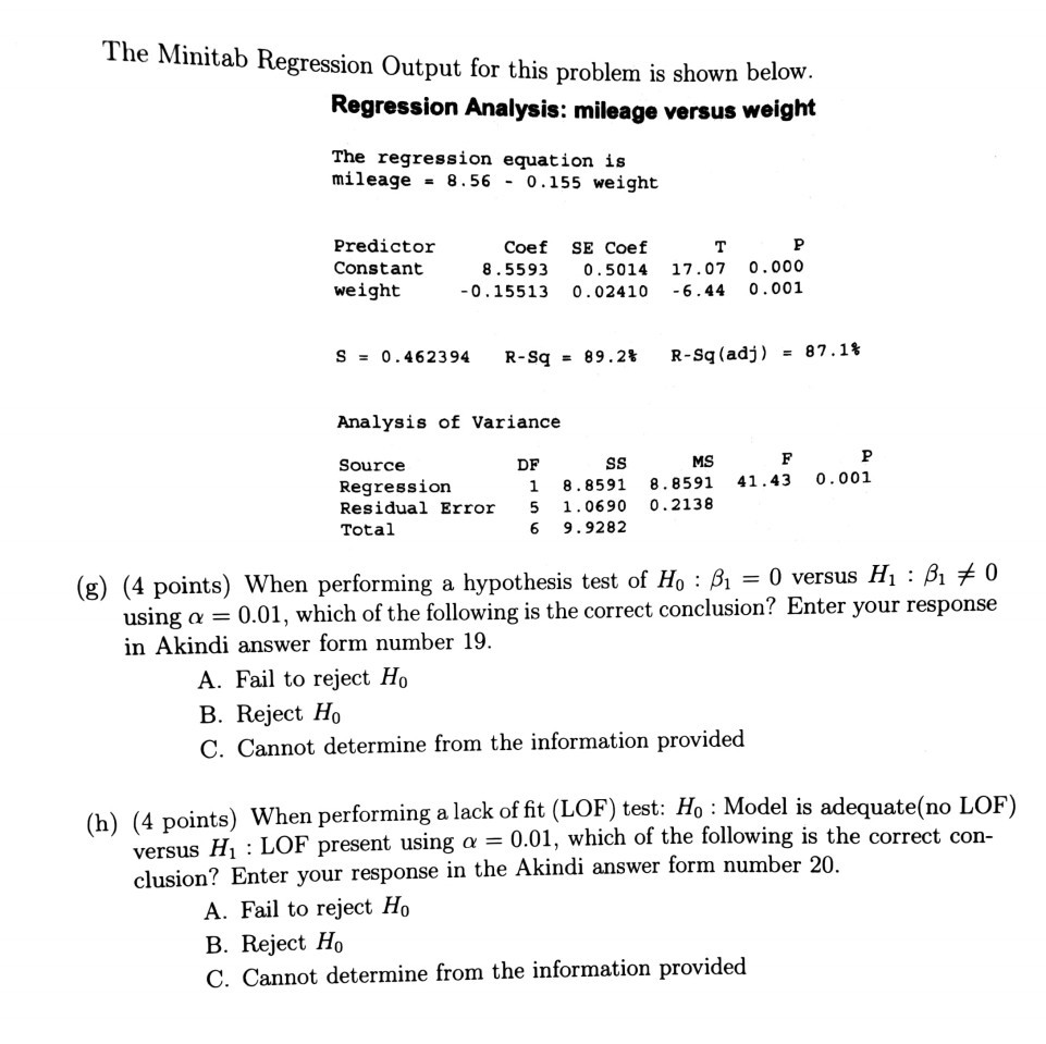 Solved The Minitab Regression Output for this problem is | Chegg.com