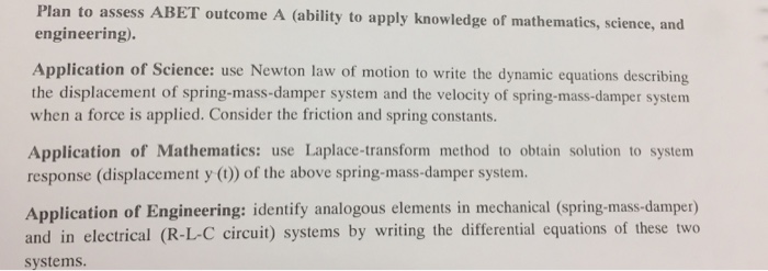 Solved Plan to assess ABET outcome A (ability to apply | Chegg.com