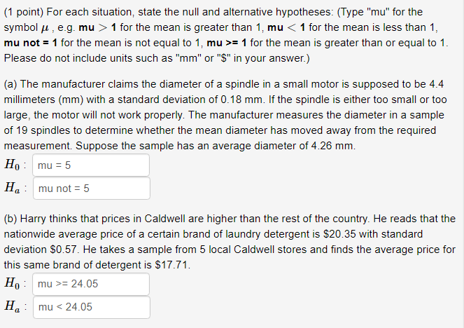 Solved (1 point) For each situation, state the null and | Chegg.com