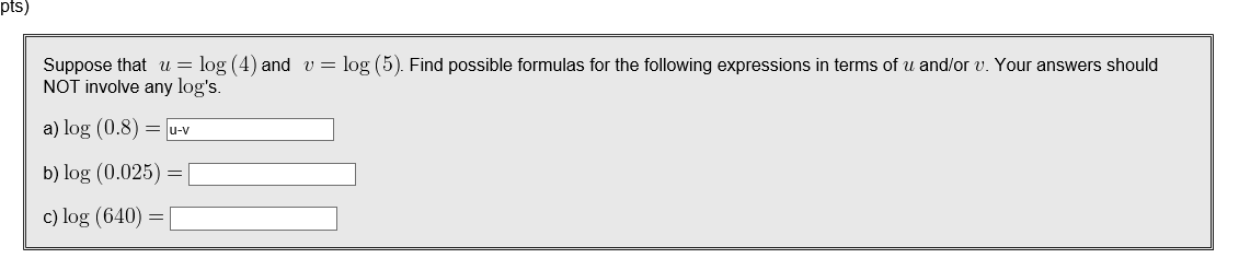 Solved Suppose that u = log (4) and v = log (5). Find | Chegg.com