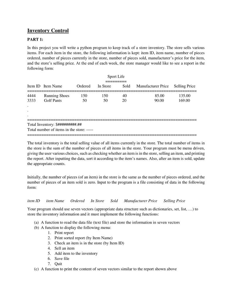 Solved Inventory Control PART 1: In this project you will | Chegg.com