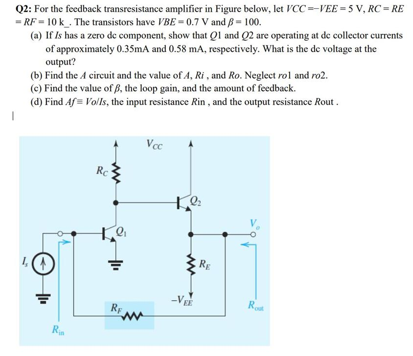 Q2: For the feedback transresistance amplifier in | Chegg.com