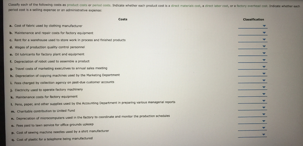 Solved Classify each of the following costs as product costs | Chegg.com
