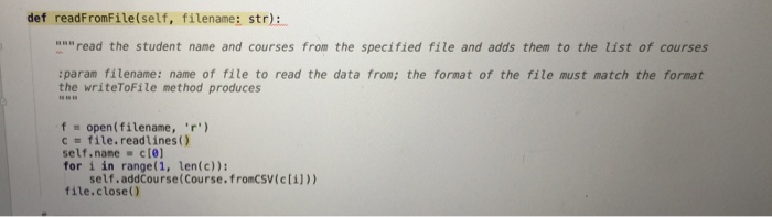 Solved def readFromFile(self, filename: str): """read the | Chegg.com