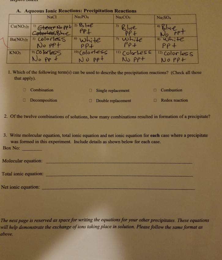Solved A. Aqueous Ionic Reactions: Precipitation Reactions | Chegg.com