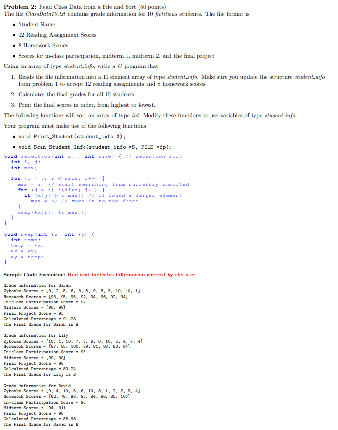Problem 2: Read Class Data from a File and Sort (50 | Chegg.com