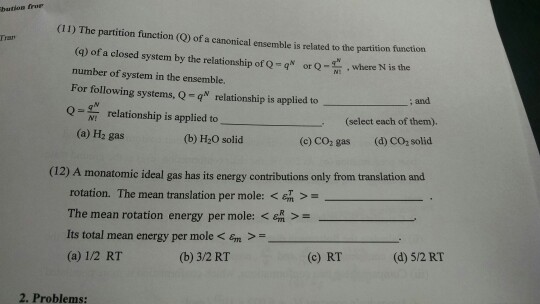 Solved (11) The partition function (Q) of a canonical | Chegg.com