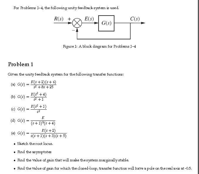 Solved For Problems 1-4, the following unity feedback system | Chegg.com