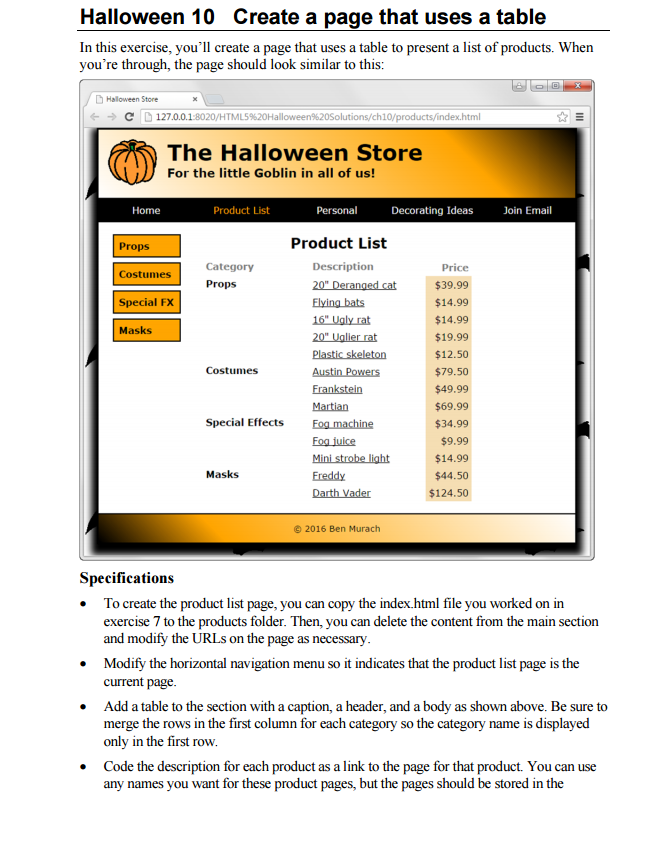 Solved Halloween 10 Create a page that uses a table In this | Chegg.com