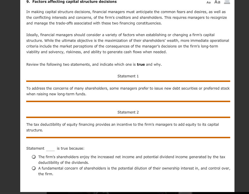 Solved 9. Factors affecting capital structure decisions Aa | Chegg.com Solved 9. Factors affecting capital structure decisions Aa | Chegg.com