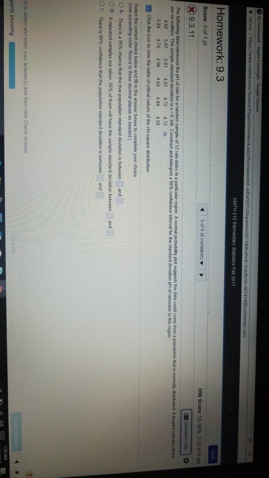Solved MATH 210 Elementary Statistics Fall 2017 Homework: | Chegg.com