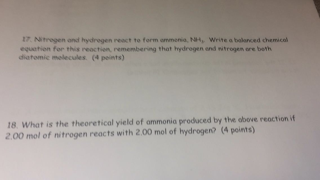 Solved Nitrogen and hydrogen react to form ammonia, NH_3. | Chegg.com