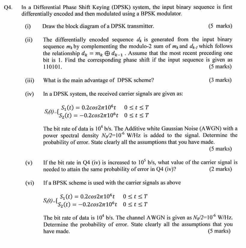 Solved In a Differential Phase Shift Keying (DPSK) system, | Chegg.com