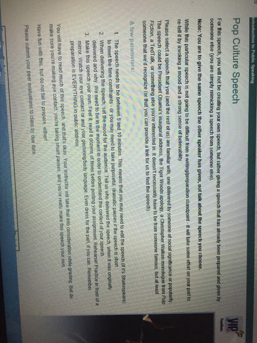 Solved Pop Culture Speech For this speech, you will not be | Chegg.com