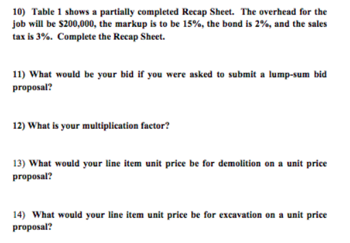 Solved 10) Table 1 shows a partially completed Recap Sheet. | Chegg.com