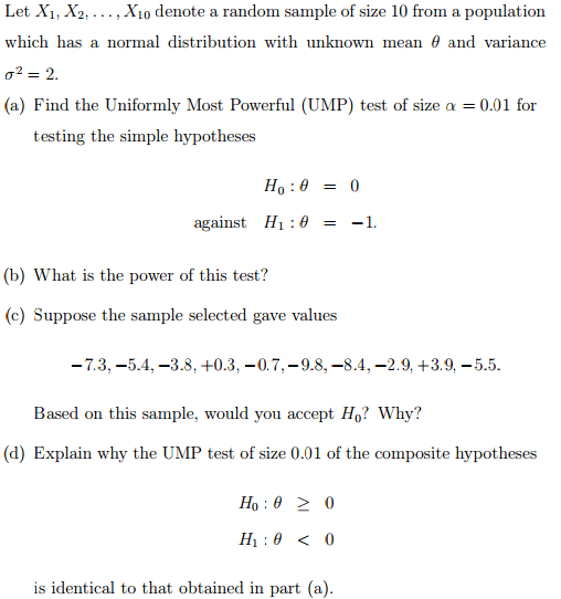 Let X1, X2, ?. , X10 denote a random sample of size | Chegg.com