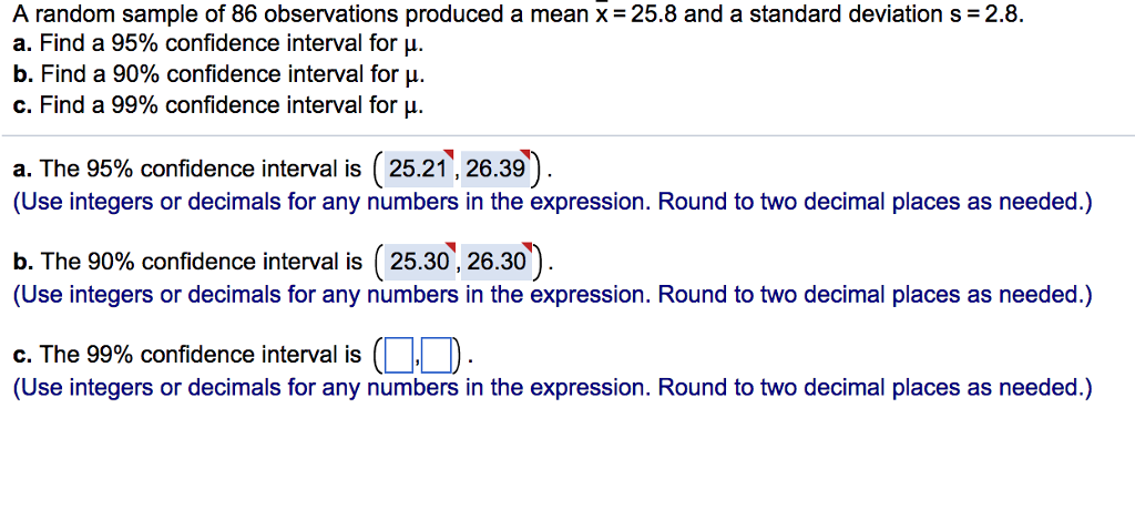 Solved A random sample of 86 observations produced a mean x | Chegg.com