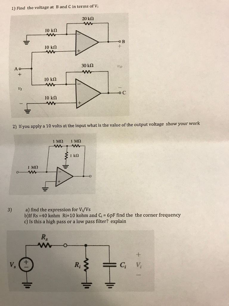 Solved 1) Find the voltage at B and C in terms of V 20 kΩ 10 | Chegg.com