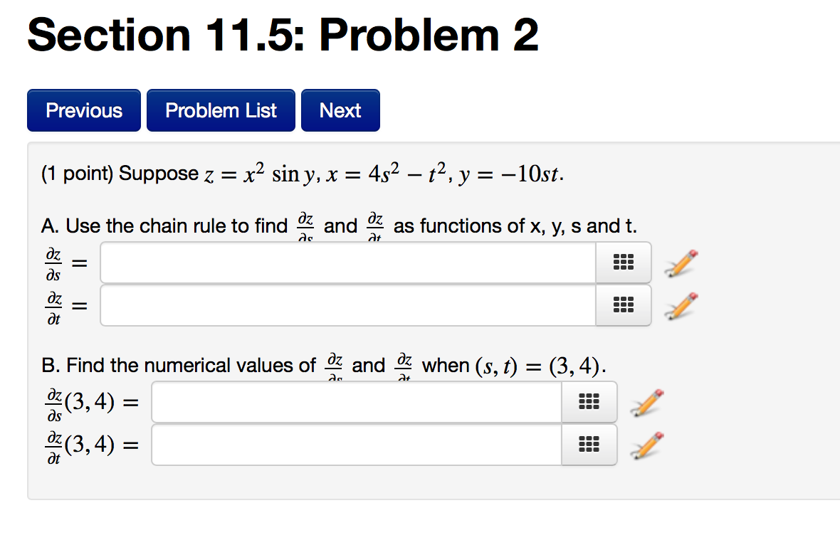 Solved (1 point) Suppose z=x2siny z x 2 sin y , x=4s2?t2 x 4 | Chegg.com