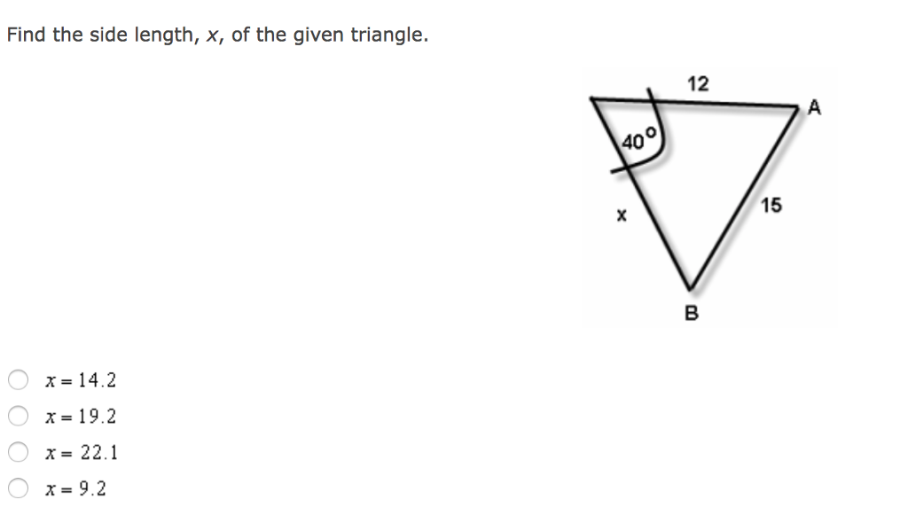 Solved Find the side length, x, of the given triangle. x = | Chegg.com
