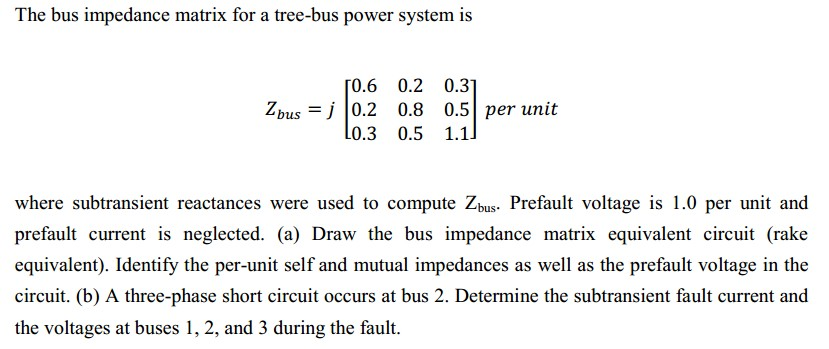 The bus impedance matrix for a tree-bus power system | Chegg.com
