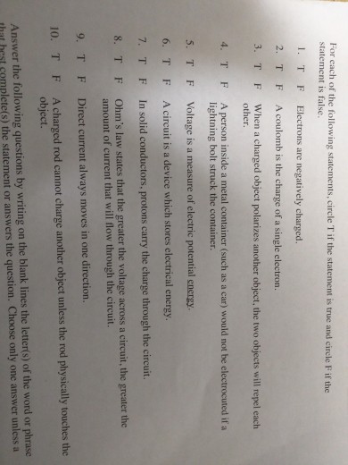 Solved For each of the following statements, circle T if the | Chegg.com