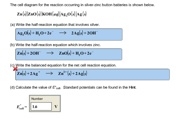 Solved The cell diagram for the reaction occurring in | Chegg.com