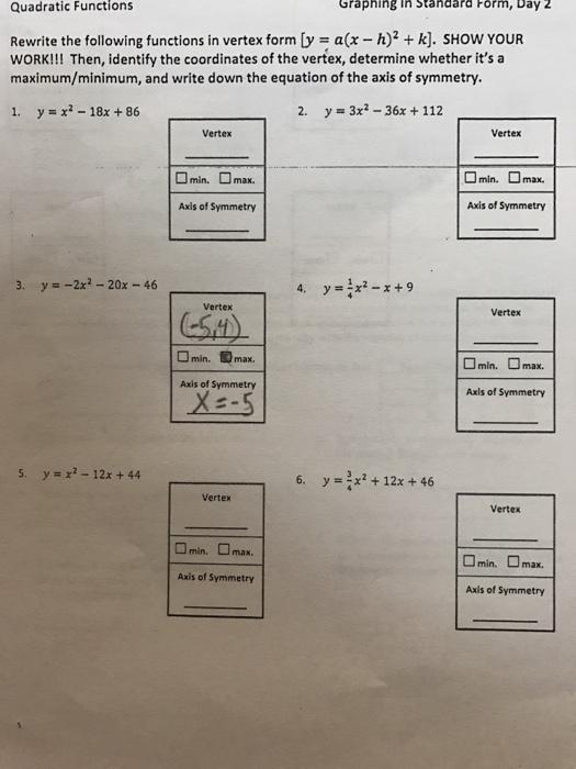 Solved Rewrite the following functions in vertex form [y = | Chegg.com