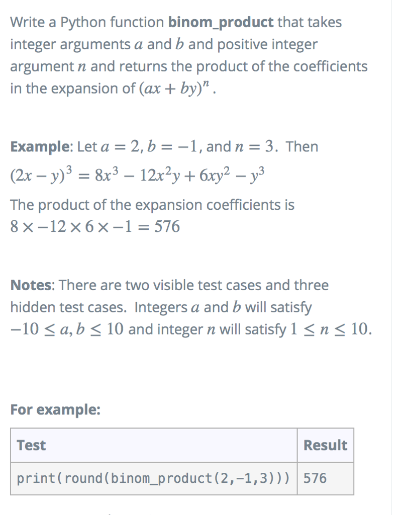 Solved Write a Python function binom_product that takes | Chegg.com