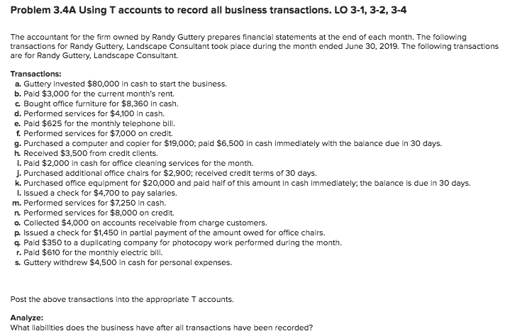 Solved Problem 3.4A Using T accounts to record all business | Chegg.com