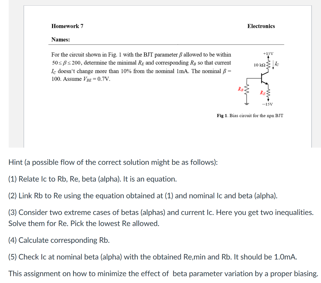 Solved Homework 7 Electronics Names: For the circuit shown | Chegg.com