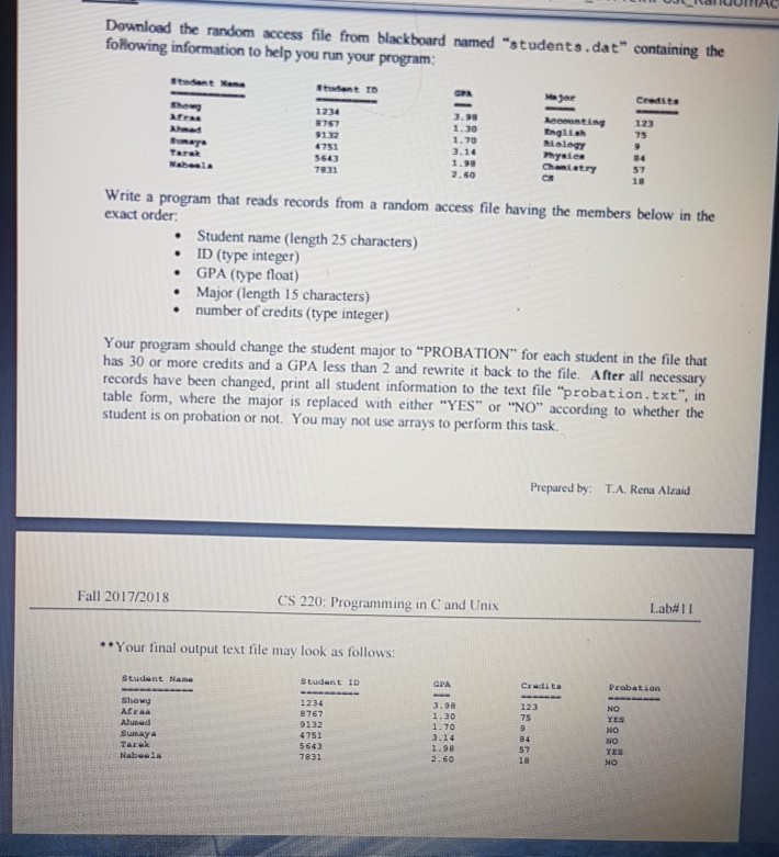 Solved Download the random access file from blackboard named | Chegg.com