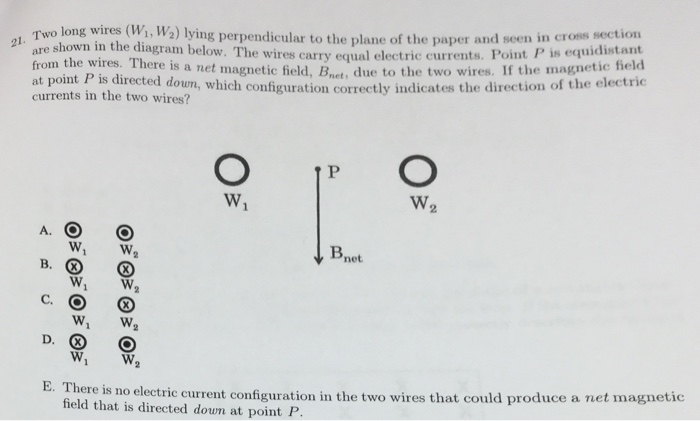Solved Two long wires (W_1, W_2) lying perpendicular to the | Chegg.com