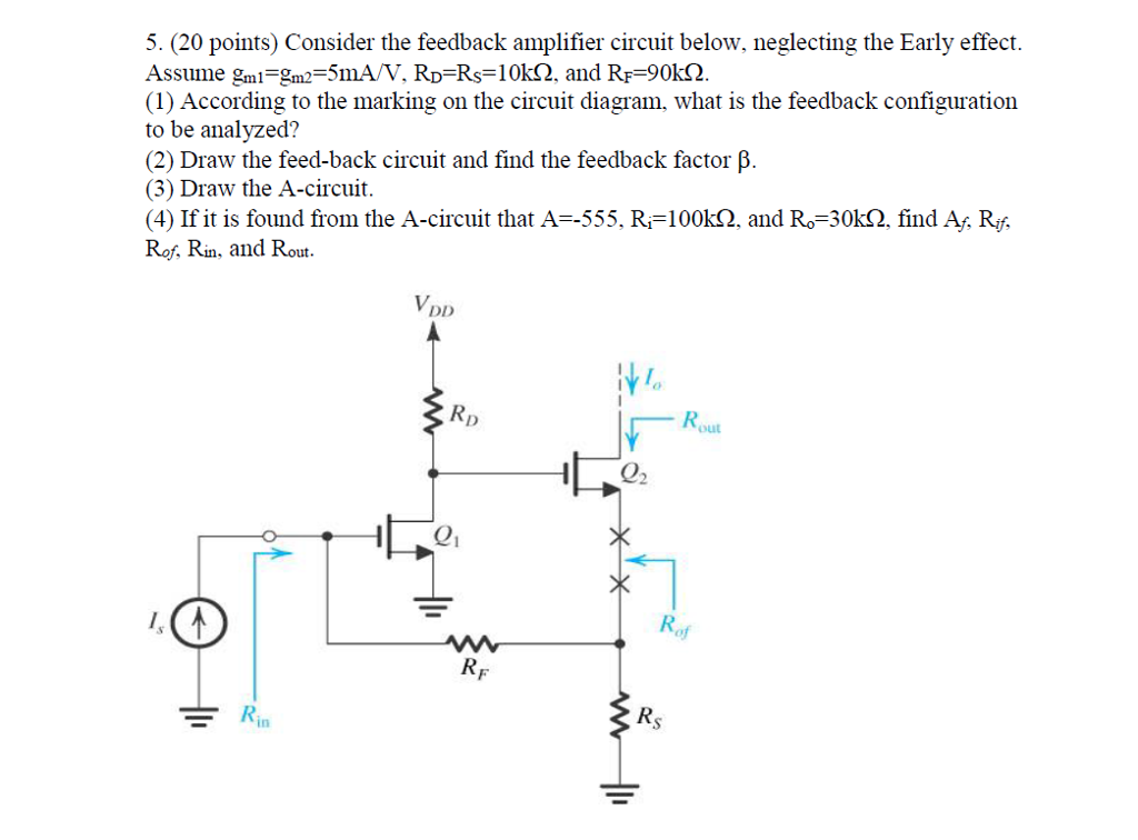 Solved 5. (20 points) Consider the feedback amplifier | Chegg.com