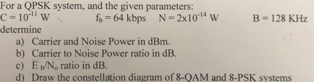 Solved For a QPSK system, and the given parameters: C = 10 " | Chegg.com