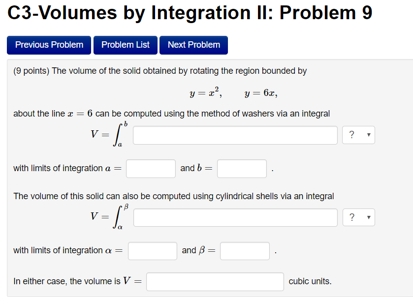 Solved C3-Volumes by Integration lI: Problem 9 Previous | Chegg.com