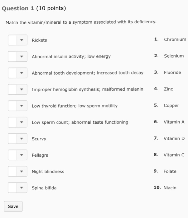 Solved Match the vitamin/mineral to a symptom associated | Chegg.com