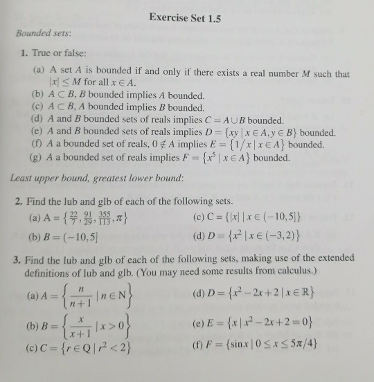 Solved Exercise Set 1.5 Bounded sets: 1. True or false: (a) | Chegg.com