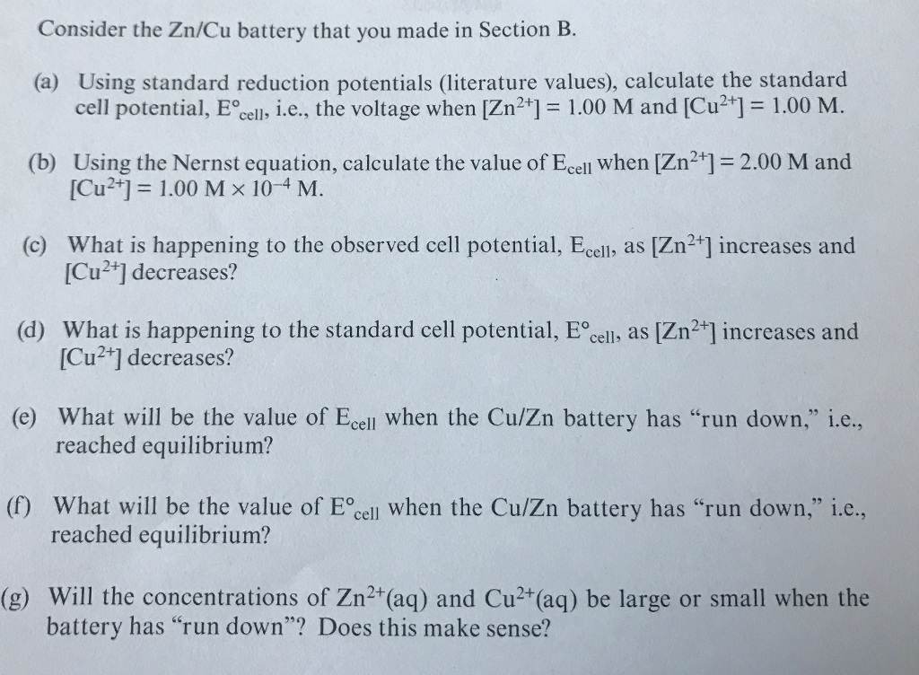 Solved Consider the Zn/Cu battery that you made in Section | Chegg.com