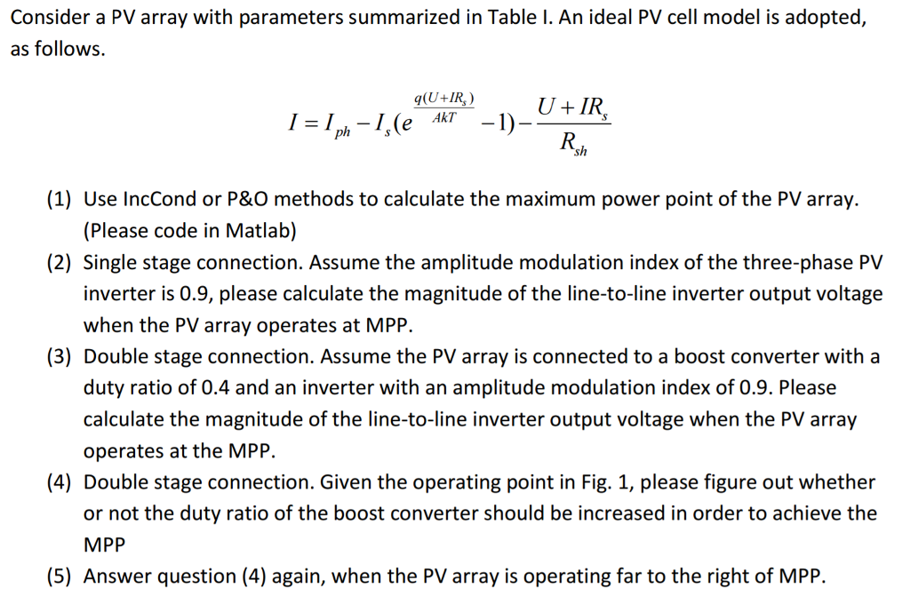 Consider a PV array with parameters summarized in | Chegg.com
